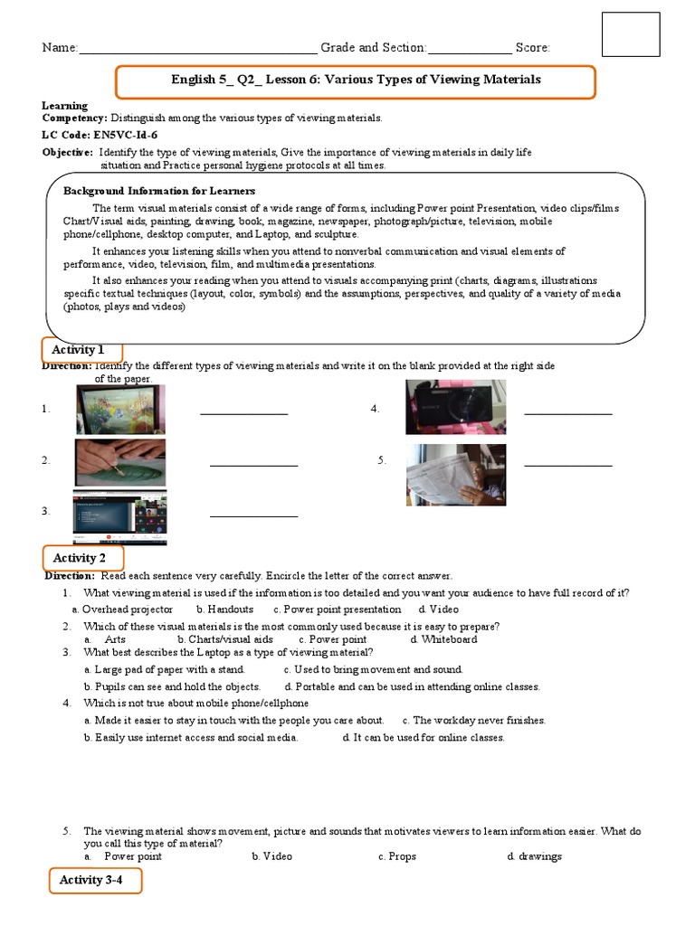 Grade-5 - English-Q2-Viewing Materials | PDF | Drawing | Page Layout