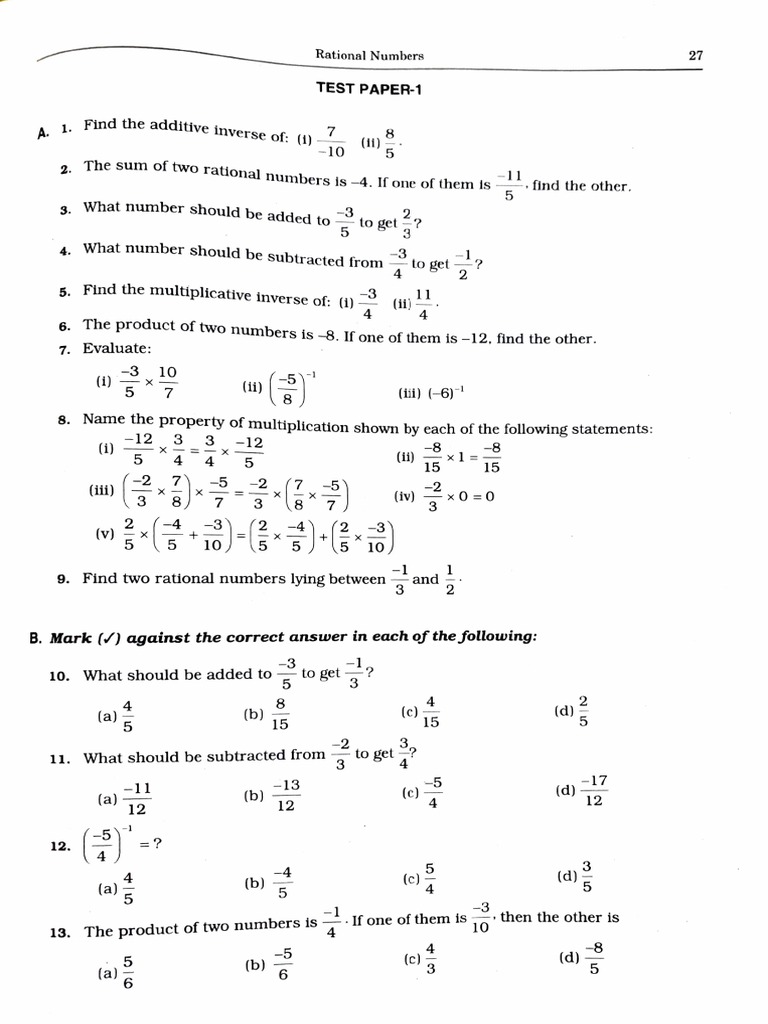 Test Paper-1 Rational Numbers | PDF | Elementary Mathematics | Abstract ...