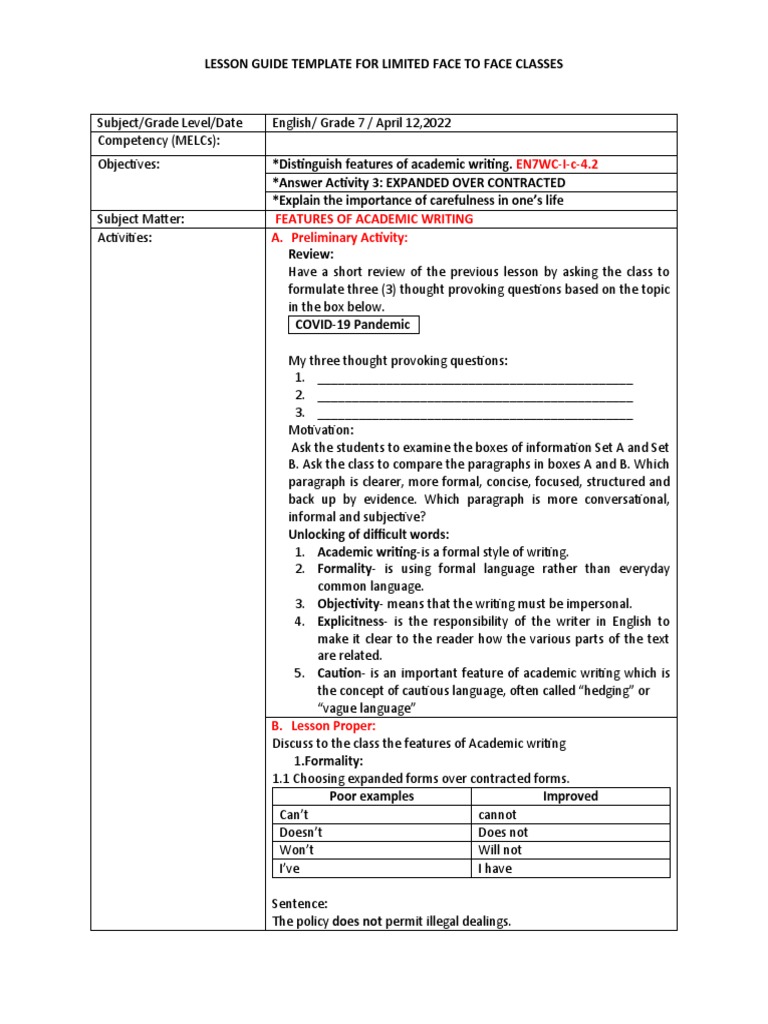 Academic Writing Lesson Plan for Grade 7 | PDF | English Language ...