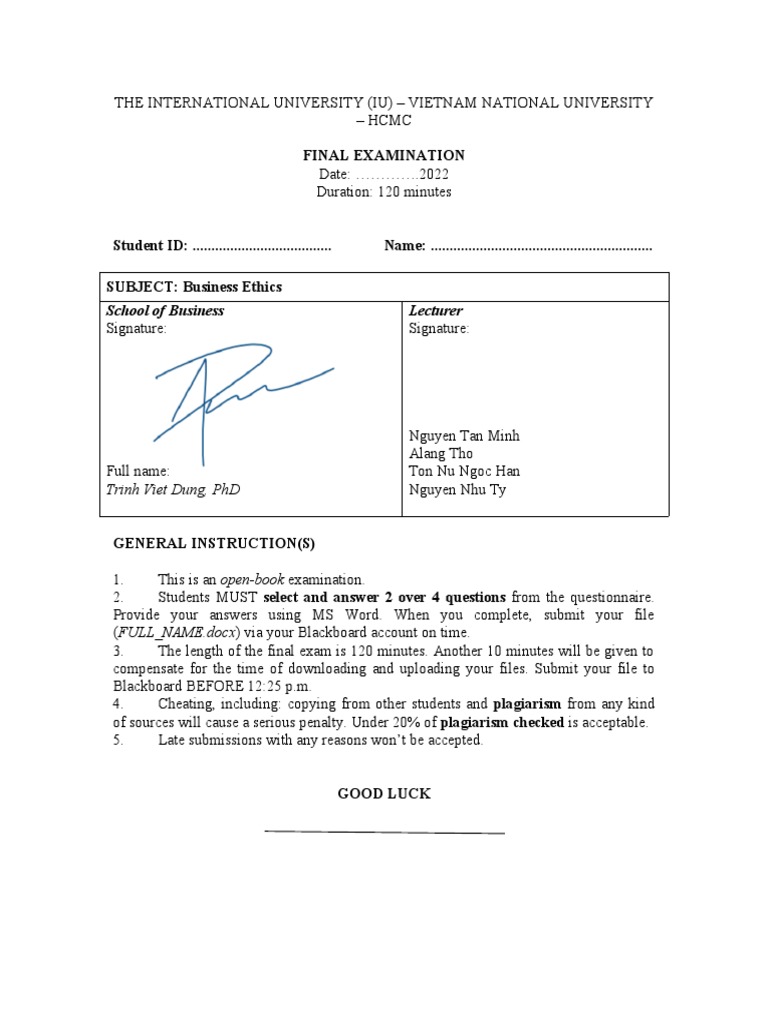 Business Ethics - Final Exam (No Key Answer) .Signed | PDF ...