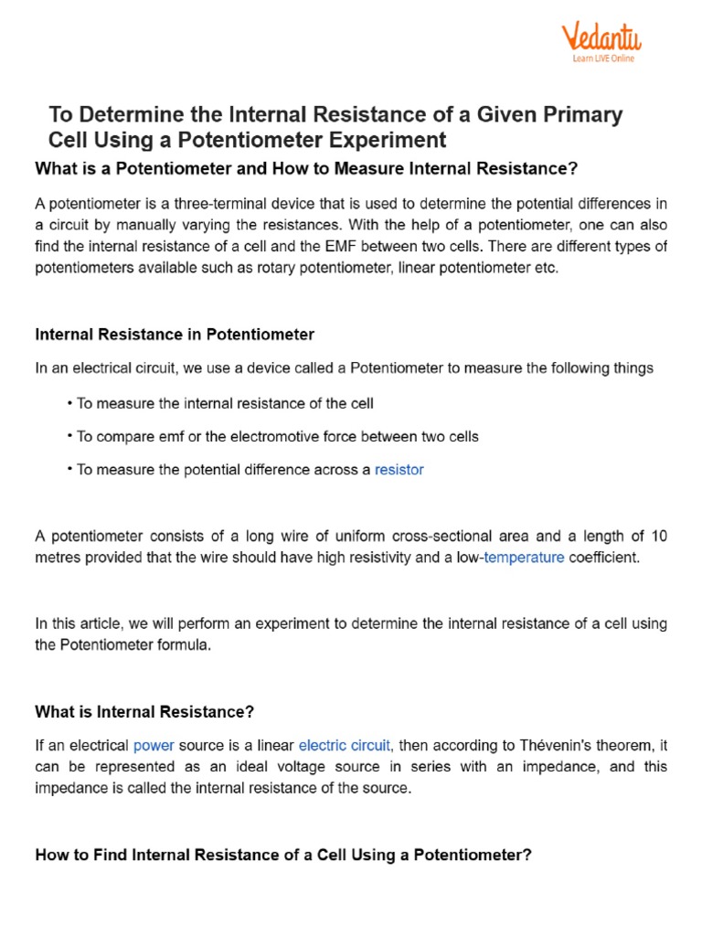 To Determine The Internal Resistance of A Given Primary Cell Using A Potentiometer Experiment | PDF