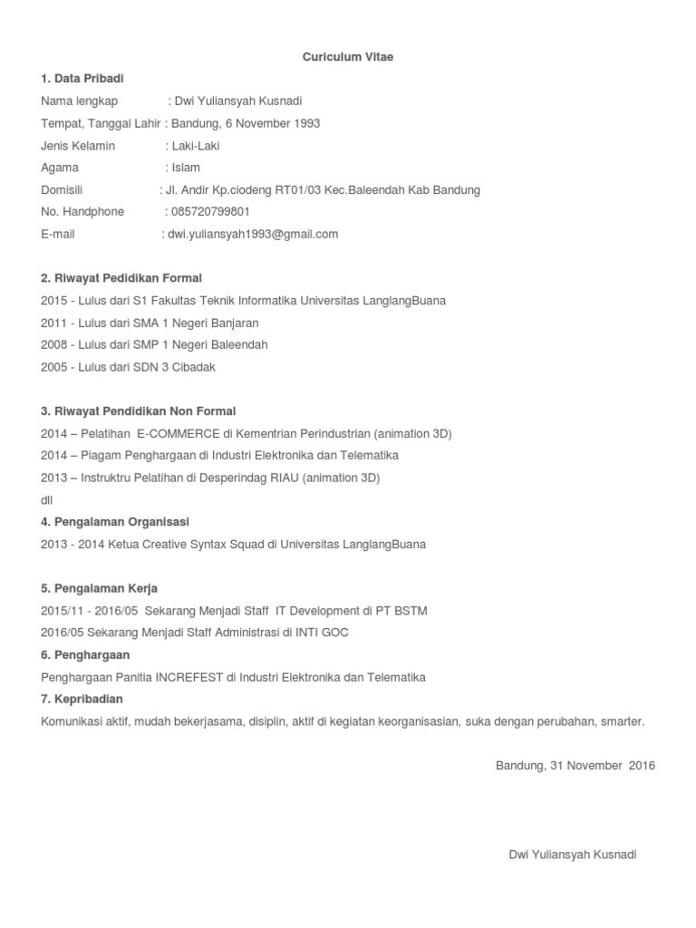 Curiculum Vitae 1. Data Pribadi | PDF