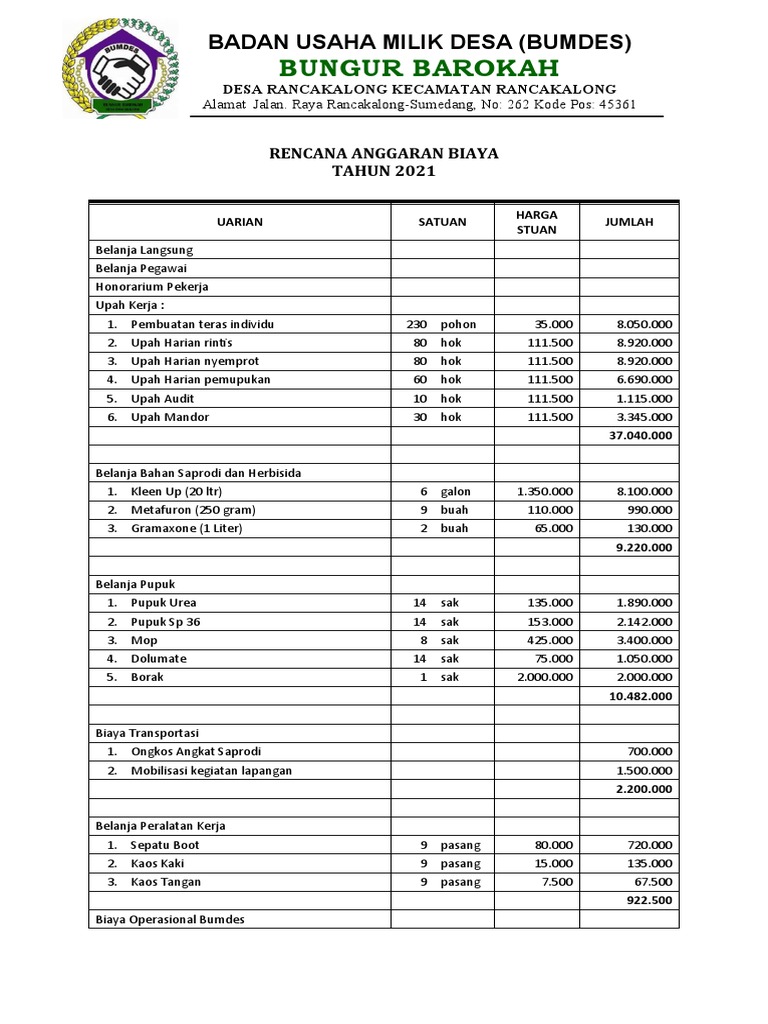 RAB Operasional BUMDes 2021 Rancakalong | PDF