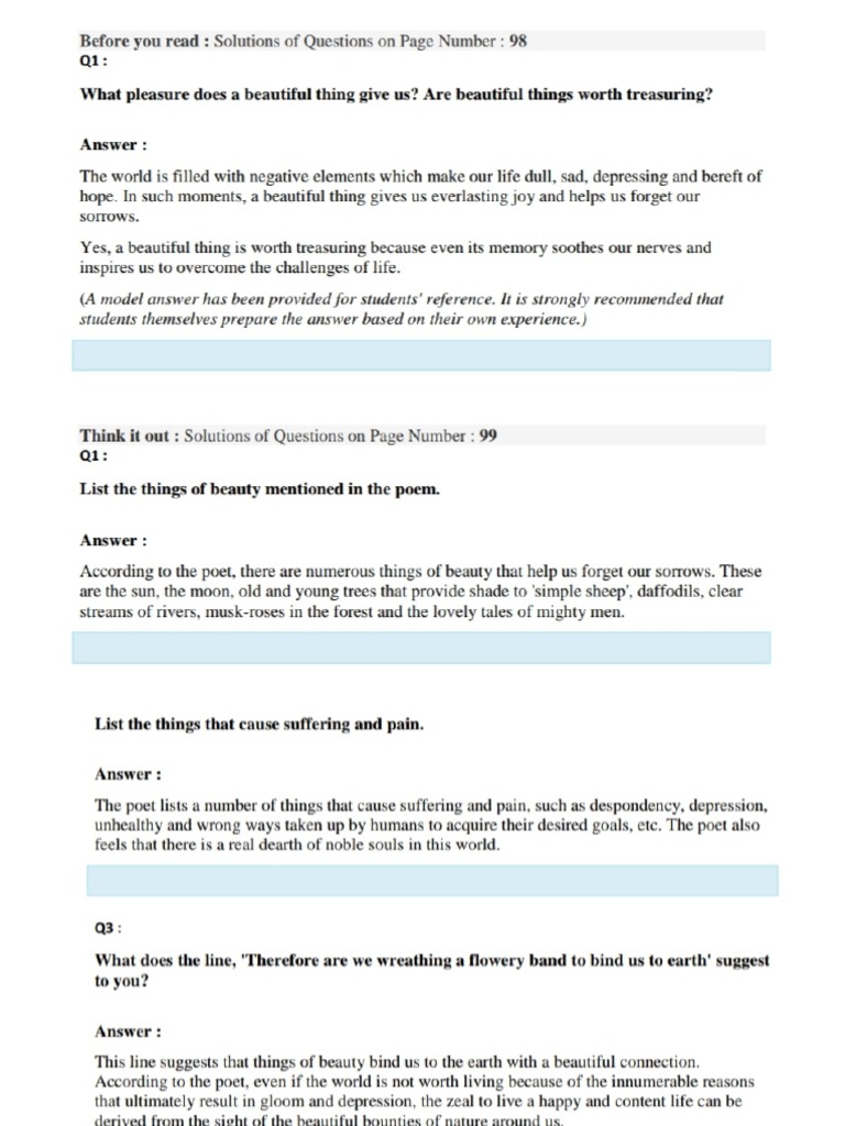 NCERT Sol Poem A Thing of Beauty | PDF