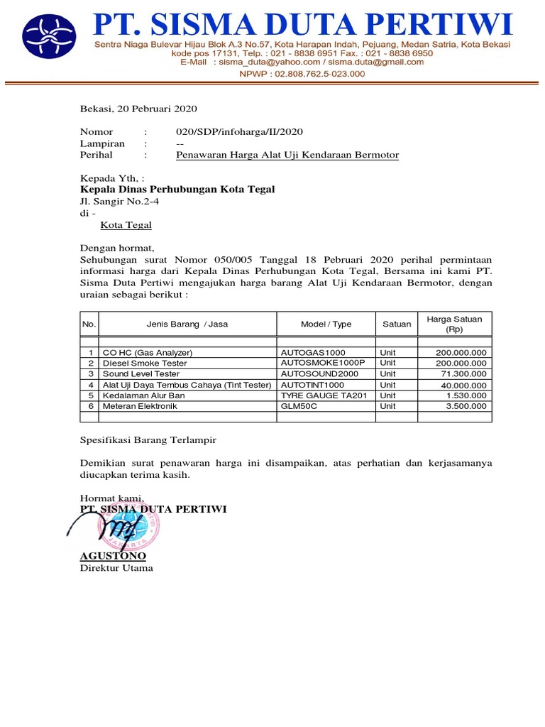 Penawaran Harga, Surat Balasan Dari Dinas | PDF