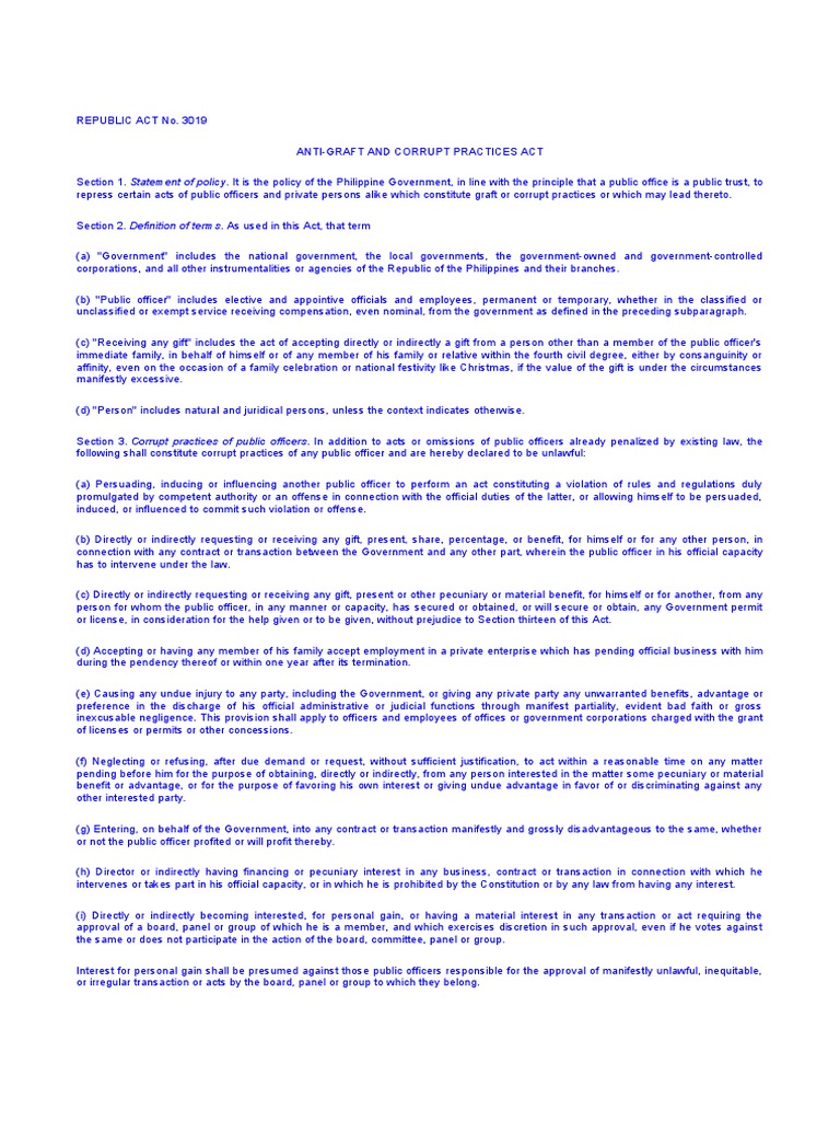 RA 3019 Anti Graft and Corrupt Practices Act Amended by RA 677 | PDF ...