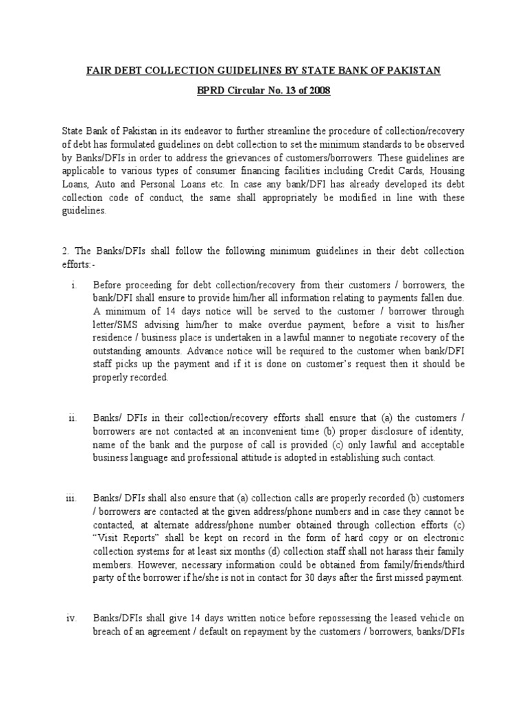 Debt Collection Guidelines in Pakistan | PDF | Debt | Banks