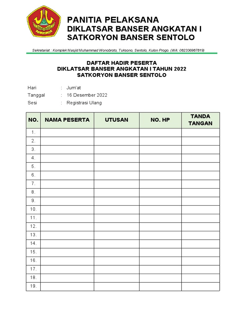 Daftar Hadir Peserta Diklatsar Banser I Tahun 2022 | PDF