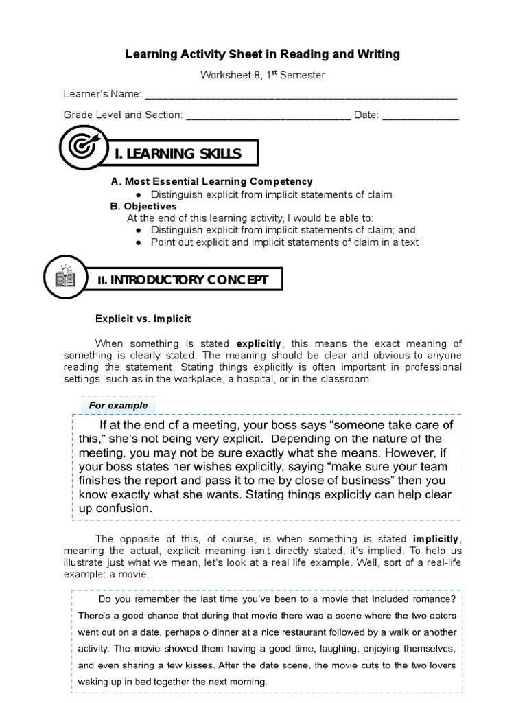 Reading Worksheet Explicit vs Implicit Claims | PDF | Learning | Cognition