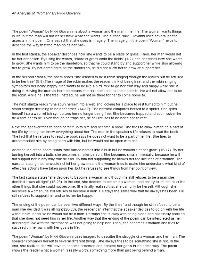 An Analysis of - Woman - by Nikki Giovanni | PDF | Poetry