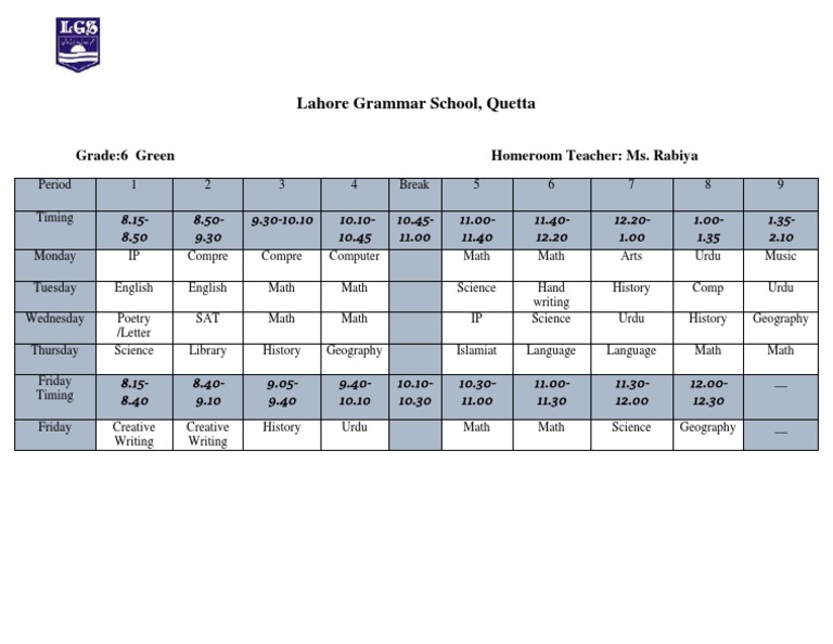 Lahore Grammar School Grade 6 Timetable | PDF