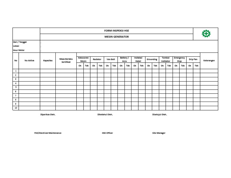 Form HSE Inspection - Rev1 MB - Mesin Genset | PDF