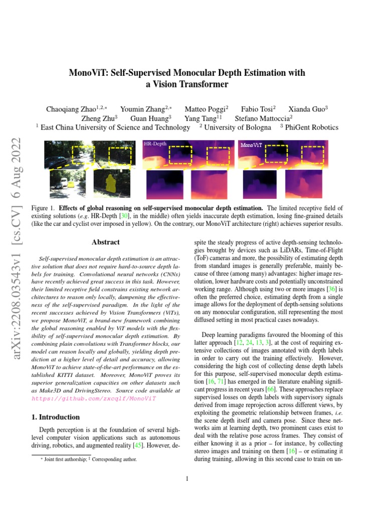 Monovit: Self-Supervised Monocular Depth Estimation With A Vision Transformer | PDF | Image ...