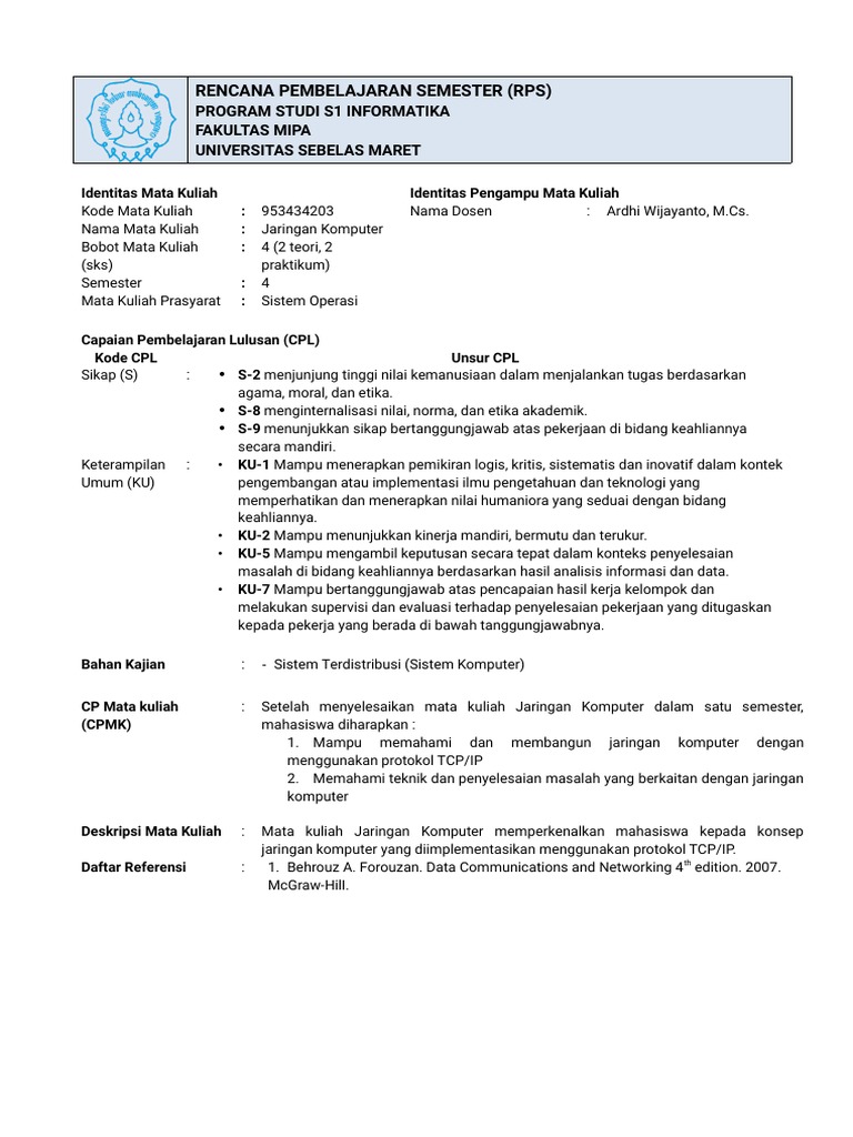 RPS - Jaringan Komputer - S1 Informatika 2020 | PDF | Komputer