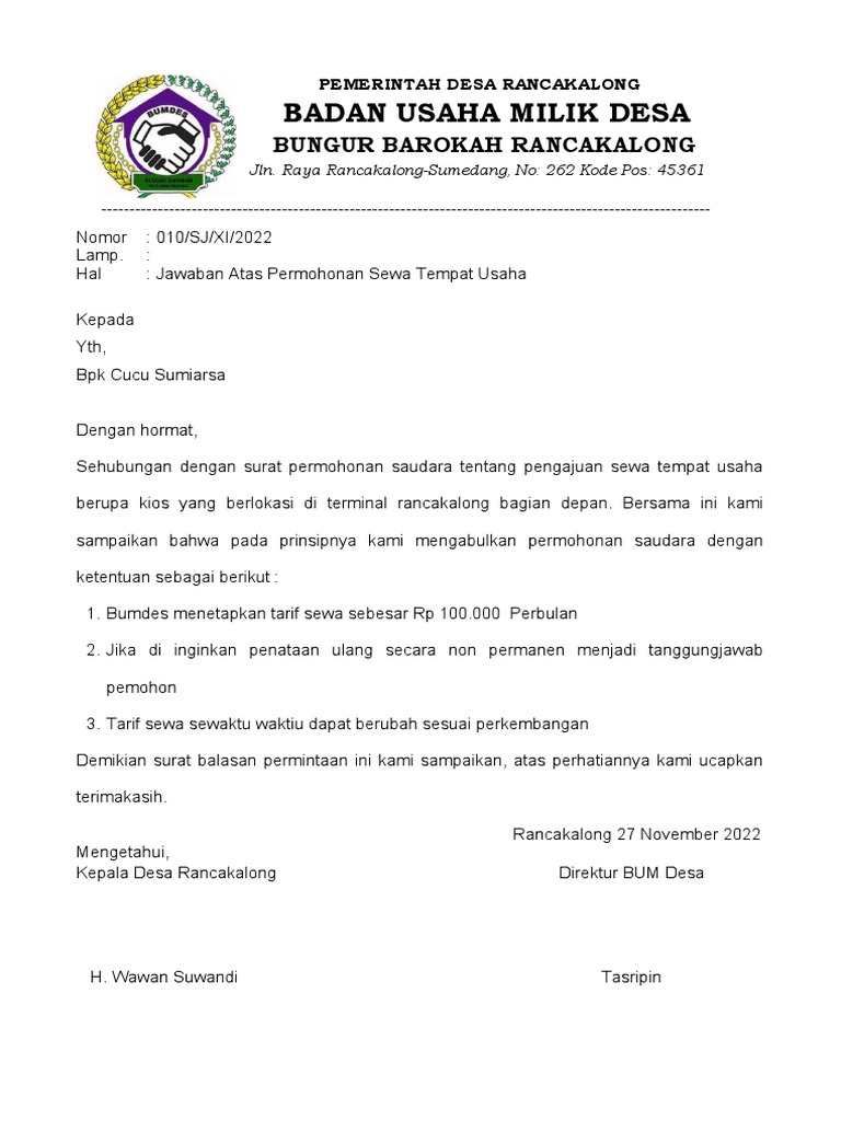 Surat Balasan Mohon Sewa Tempat | PDF