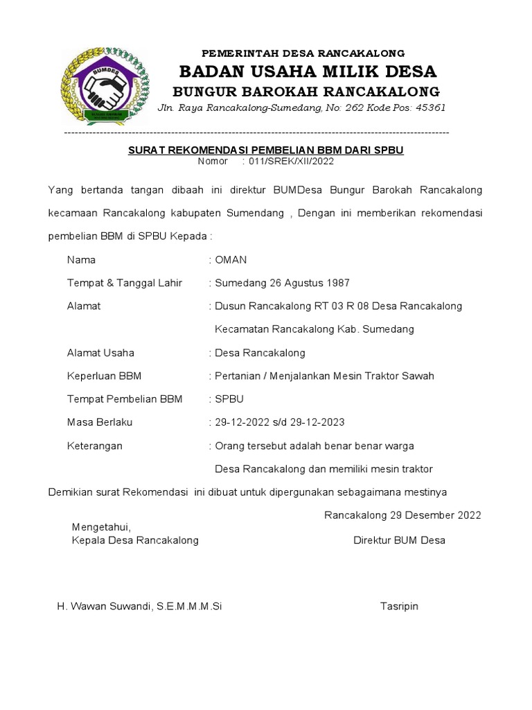 Surat Rekomendasi BBM Simple-1 | PDF