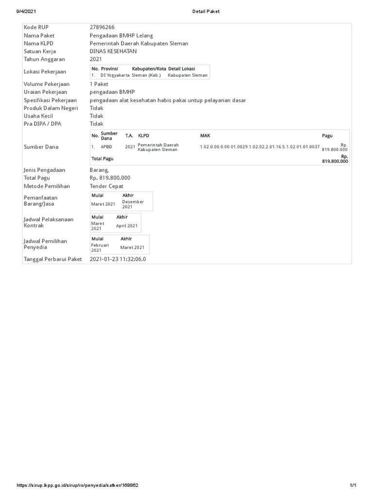 Contoh RUP Tender Cepat BHP | PDF