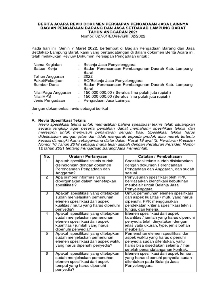 Reviu Dokumen Pengadaan Jasa 2022 | PDF