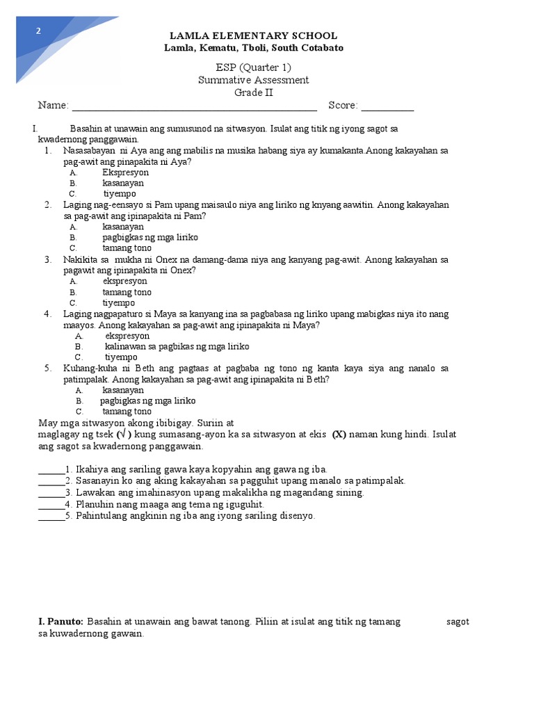 ESP Summative Assessment-Grade 2 | PDF