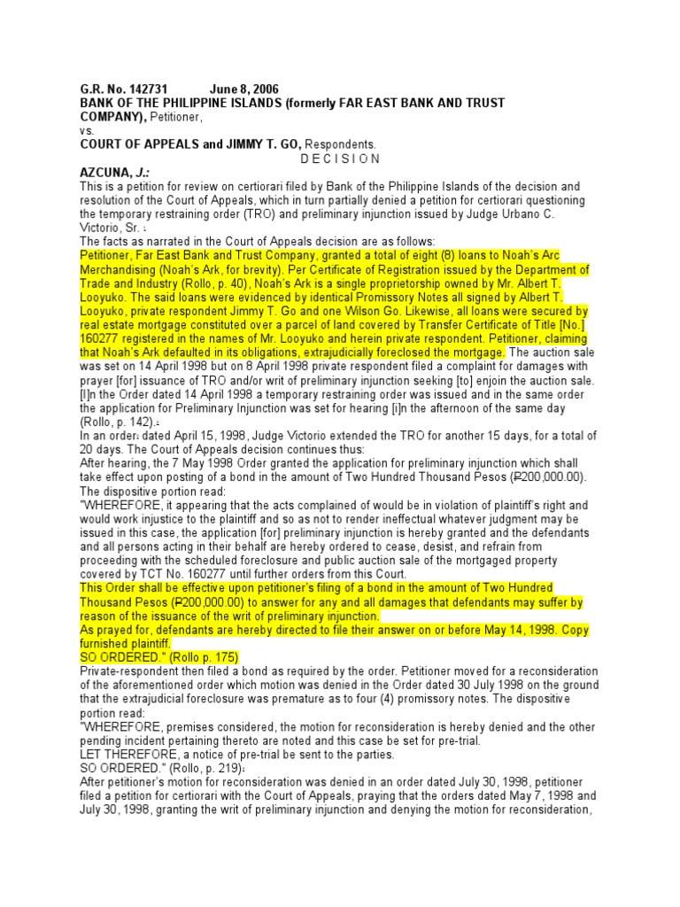 Bpi VS Ca & Jimmy Go | PDF | Injunction | Foreclosure