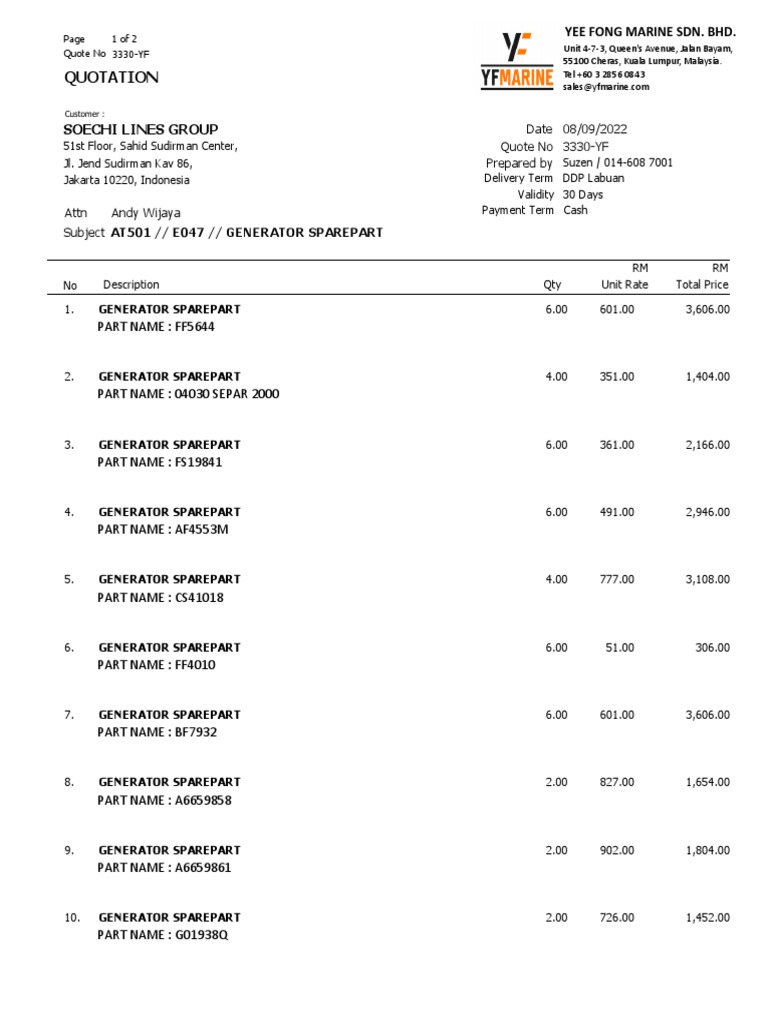 Quotation from Yee Fong Marine Sdn. Bhd. Providing a List of Generator Spare Parts and Pricing ...