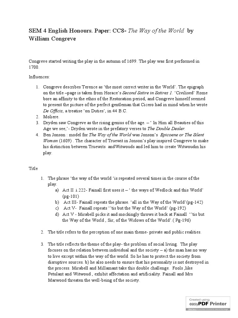 SEM 4 English Honours. Paper: CC8-The Way of The World by William ...