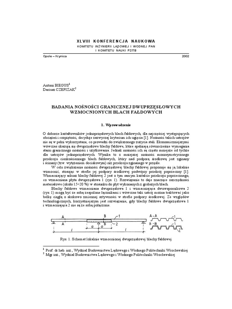 Badania Nośności Granicznej Dwuprzęsłowych Wzmocnionych Blach Fałdowych | PDF