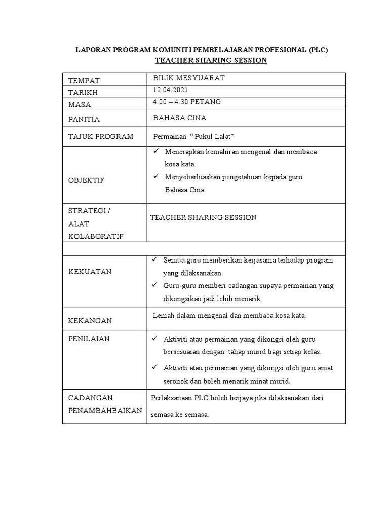 LAPORAN PLC KEDUA Teacher Sharing Session | PDF