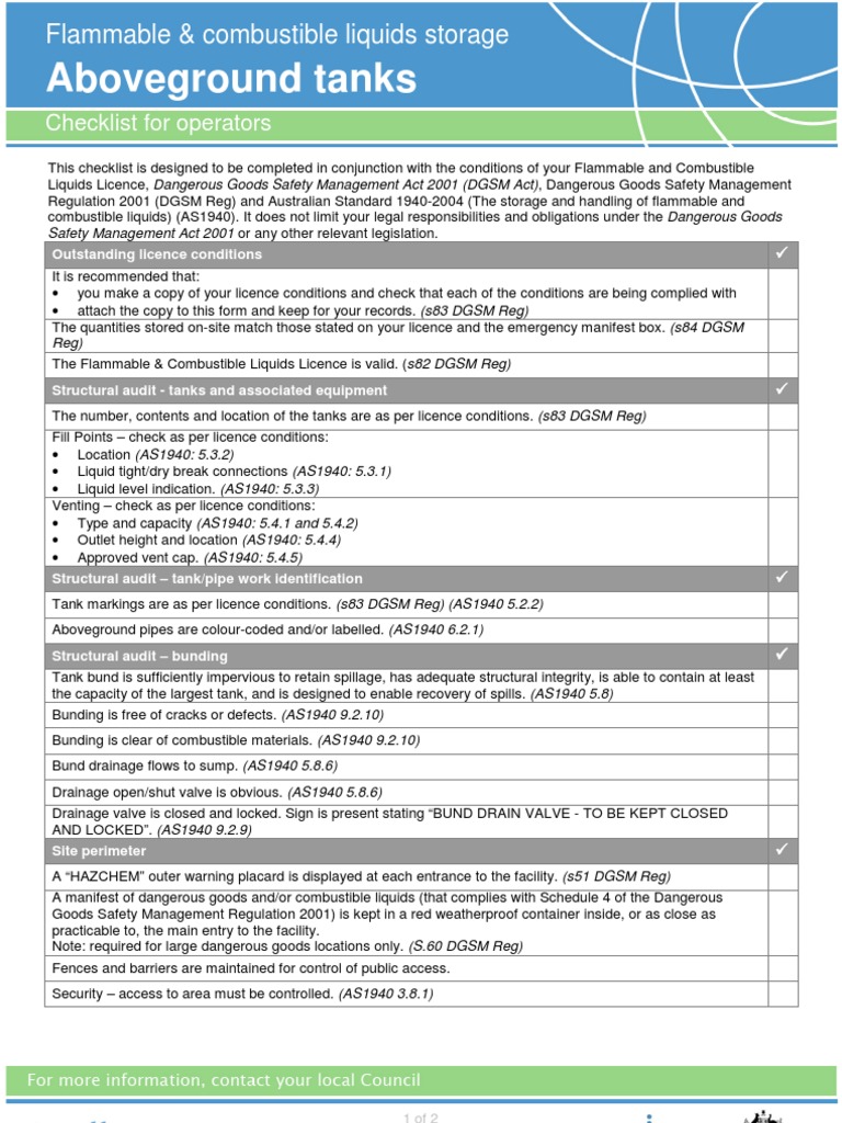 Checklist For Above Ground Tanks-Queensland | PDF | Flammability ...
