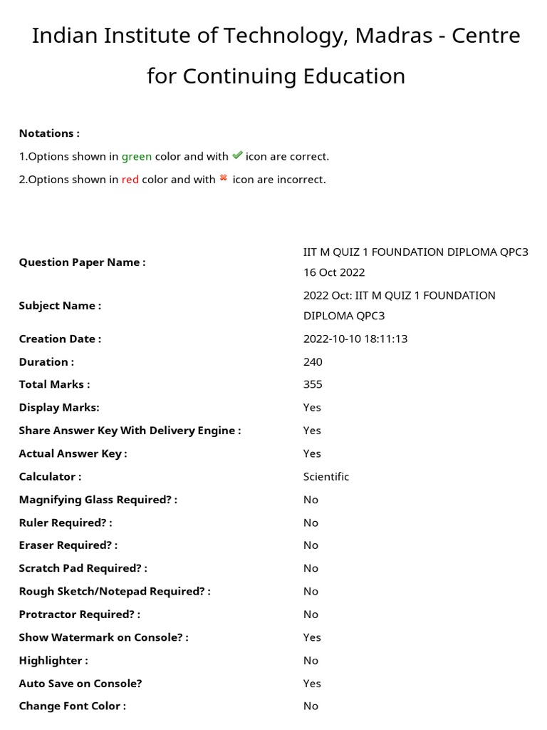 Iit M Quiz 1 Foundation Diploma QPC3 | PDF | Multiple Choice | Part Of ...