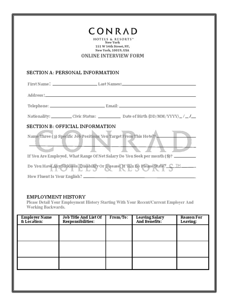 Conrad Hotel's Interview Form | PDF | Employment | Information