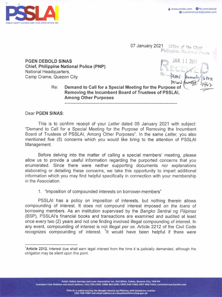 PSSLAIs Reply Letter To CPNP PGen. Sinas | PDF