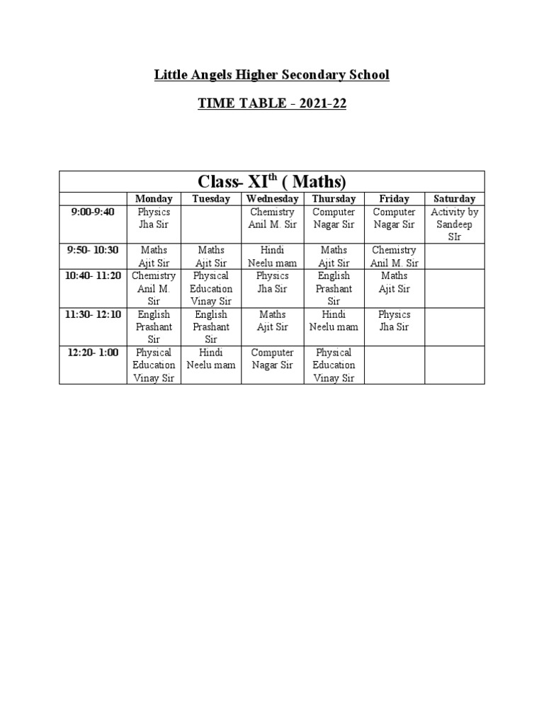 11th Maths Time Table | PDF