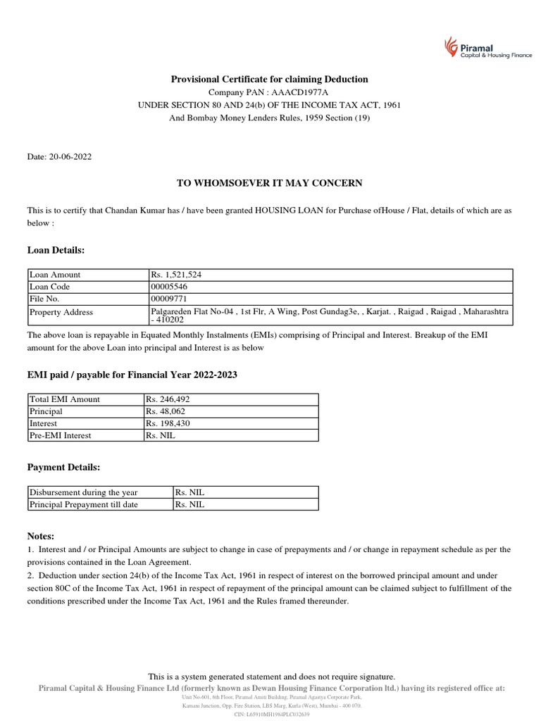 Home Loan - Certificate - 2022-23 | PDF | Loans | Interest