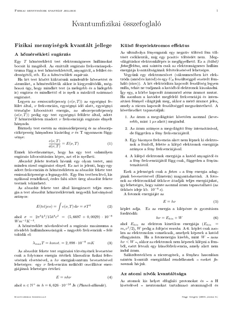 Fizika3 Jegyzet 2006 Kvantumfizika | PDF