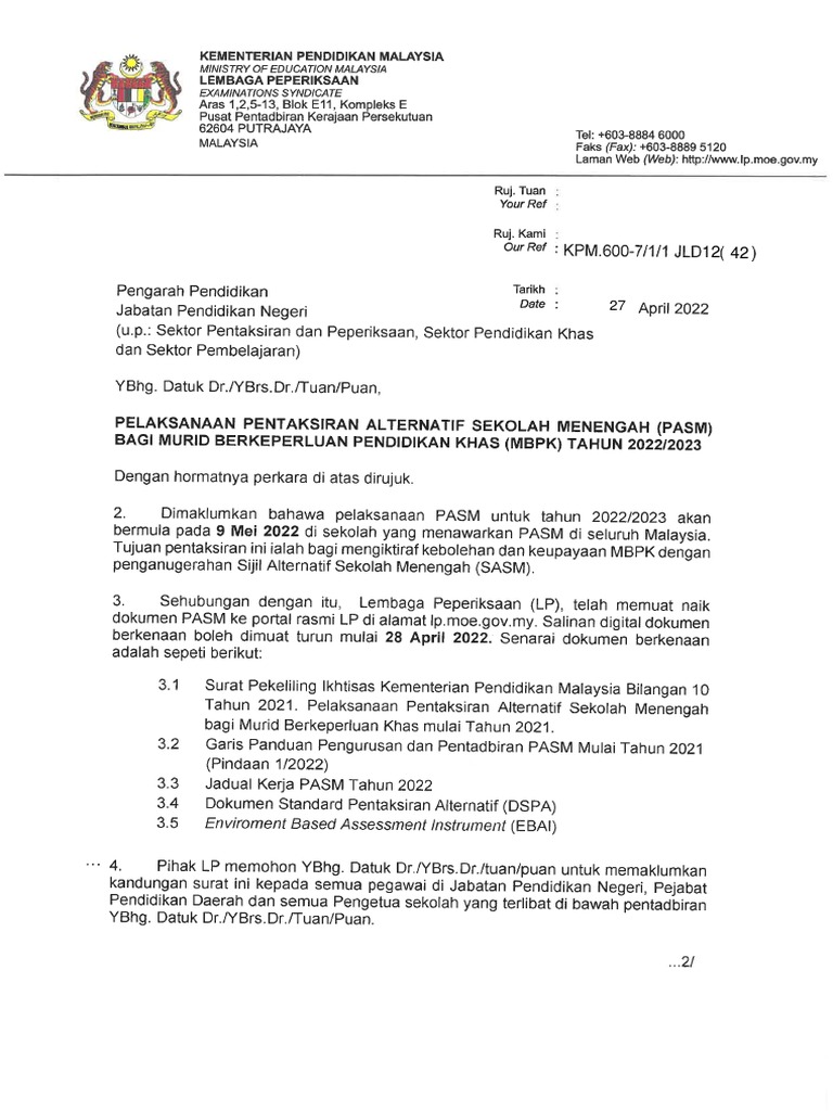 Surat Siaran Pelaksanaan PASM 2022 | PDF