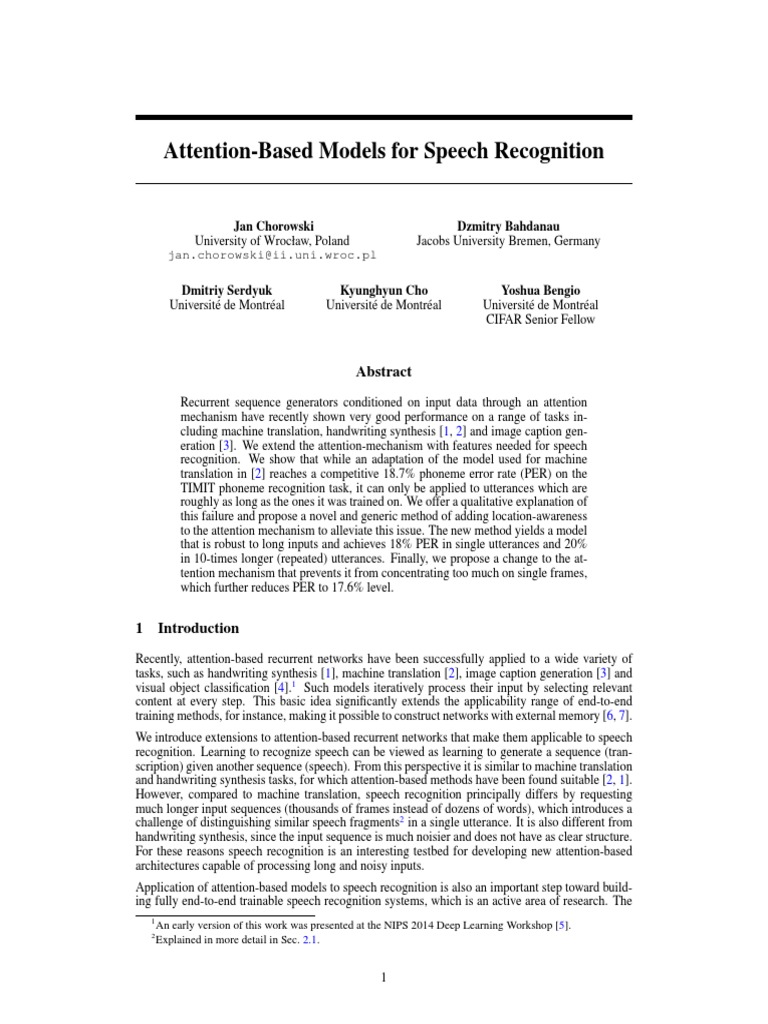 2015 Attention Based Models For Speech Recognition Paper | PDF | Speech Recognition | Deep Learning