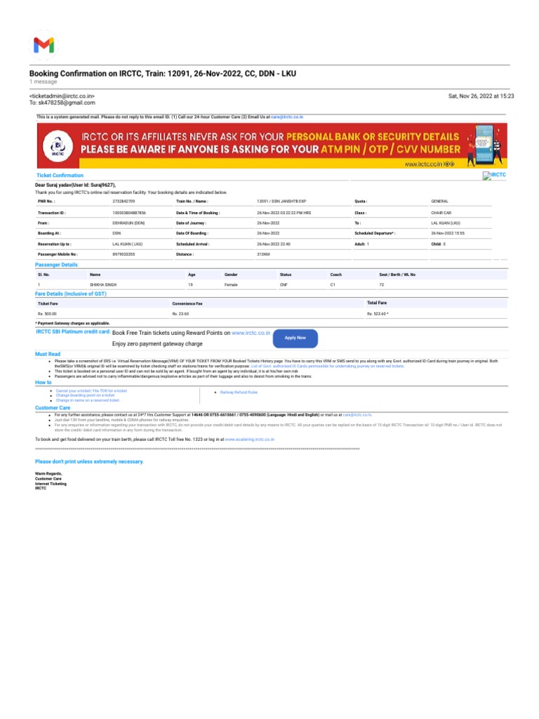 IRCTC Train Booking Confirmation | PDF | Credit Card | Service Industries