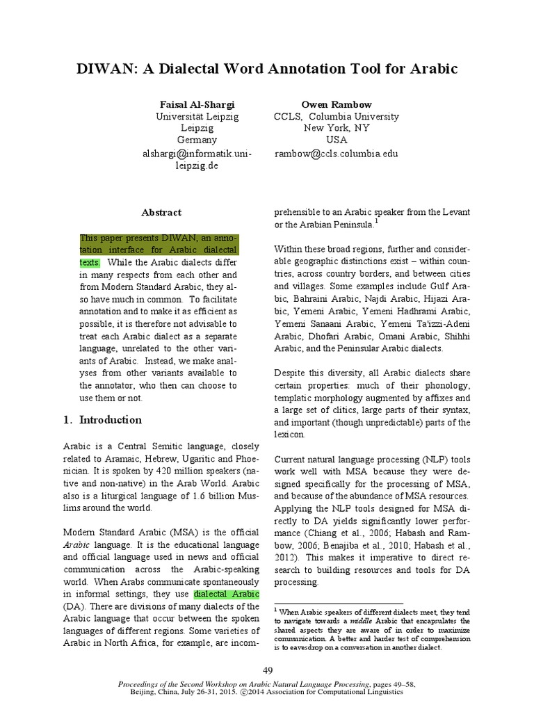 DIWAN A Dialectal Word Annotation Tool For Arabic | PDF | Arabic | Grammatical Gender