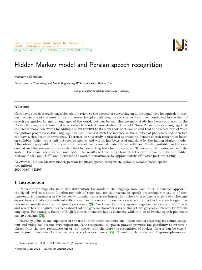 Hidden Markov Model and Persian Speech Recognition | PDF | Speech Recognition | Markov Chain