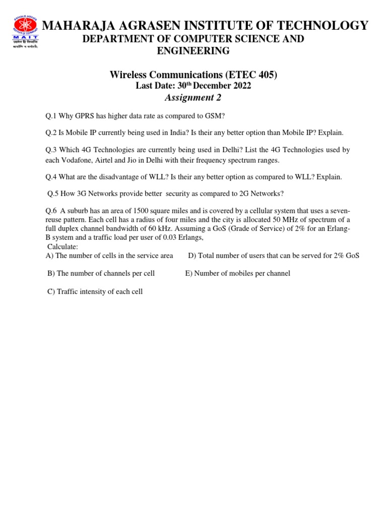 Wireless Communication ETEC 405 Assignment 2 CSE MAIT 2022 | PDF