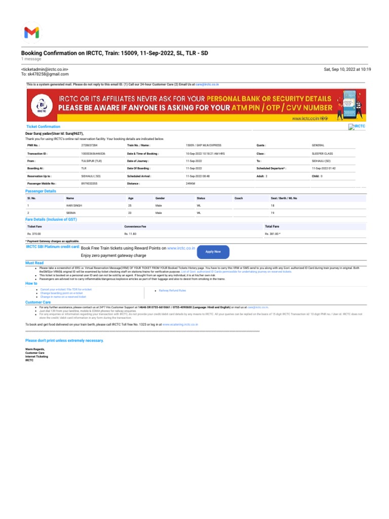 Gmail - Booking Confirmation On IRCTC, Train - 15009, 11-Sep-2022, SL ...