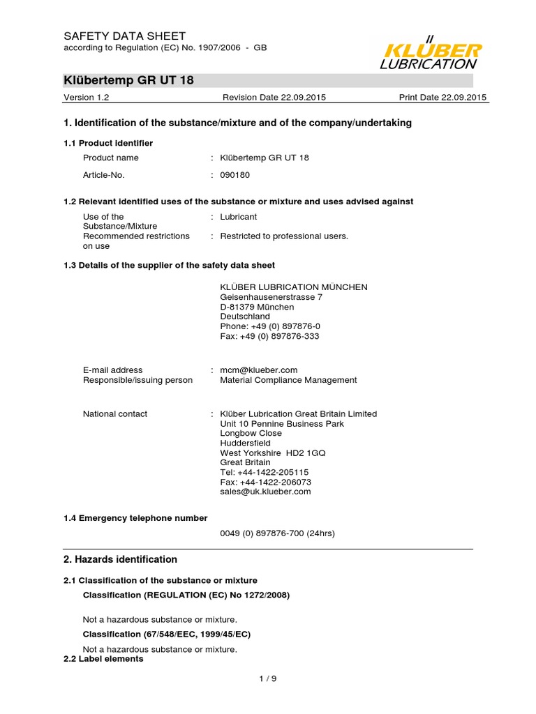 HE601835216 - Klübertemp GR UT 18 | PDF | Dangerous Goods | Toxicity
