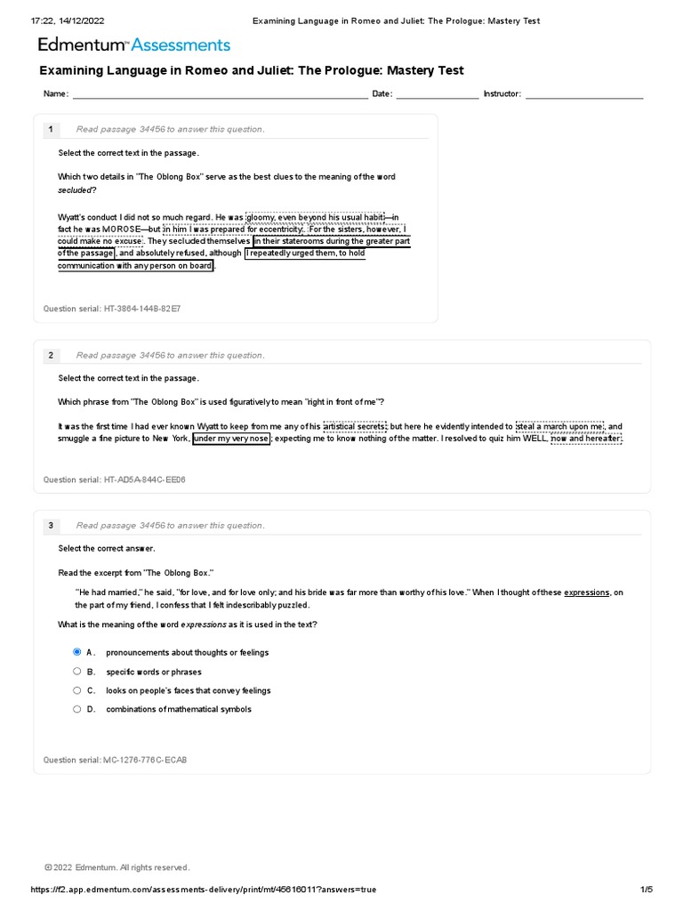 Examining Language in Romeo and Juliet - The Prologue - Mastery Test | PDF