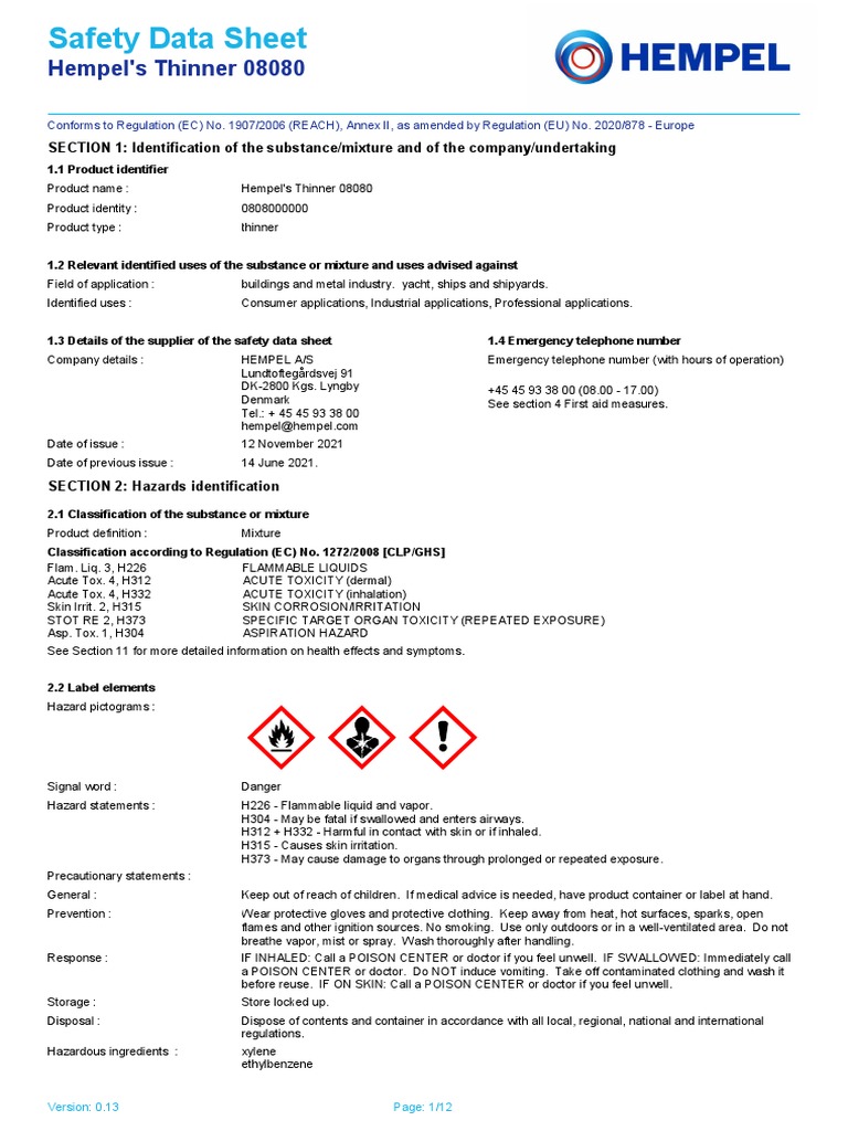 Hempel's Thinner 08080 | PDF | Toxicity | Occupational Safety And Health