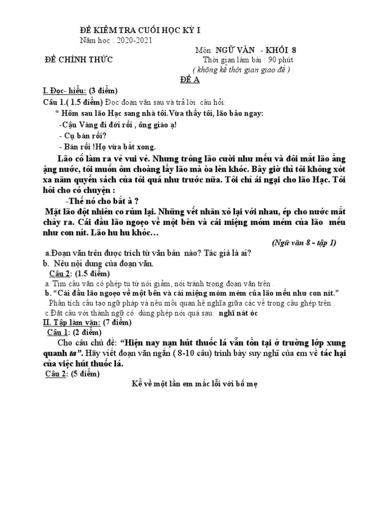 De Kiem Tra Van 8 Ky I (20 - 21) | PDF