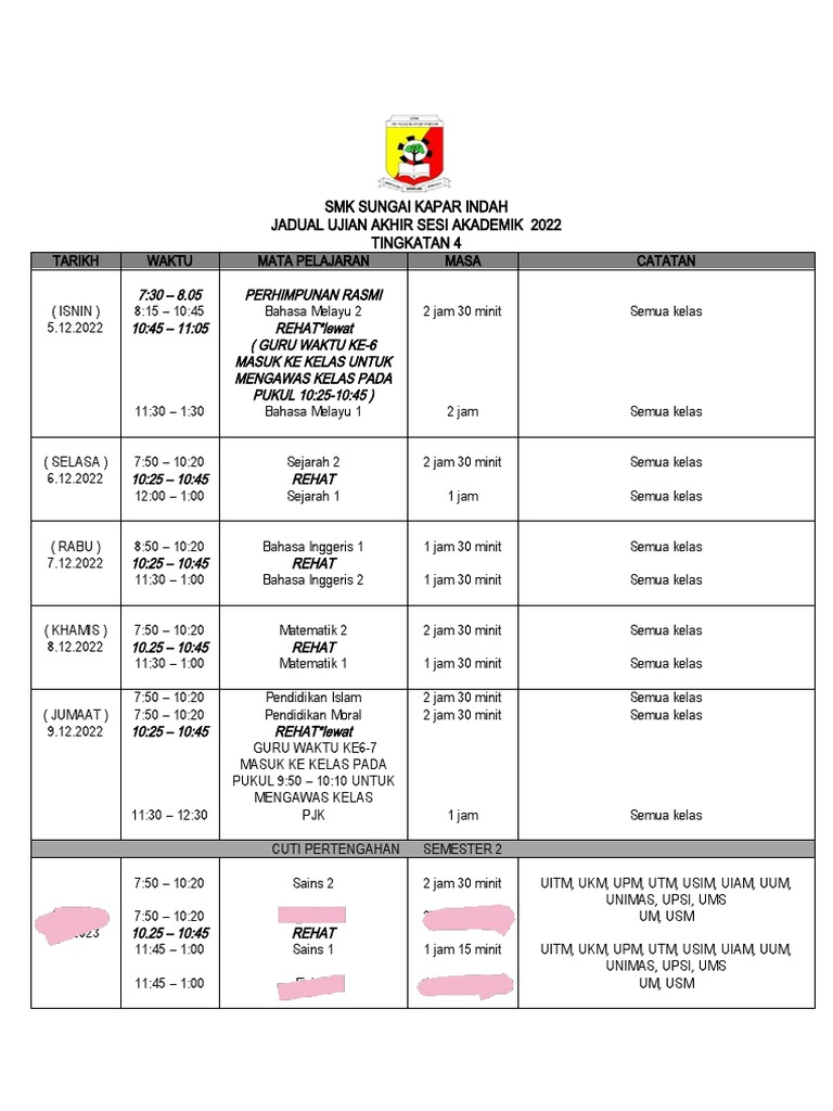 Jadual Ujian Akhir Sesi Akademik Tingkatan 4 2022 | PDF