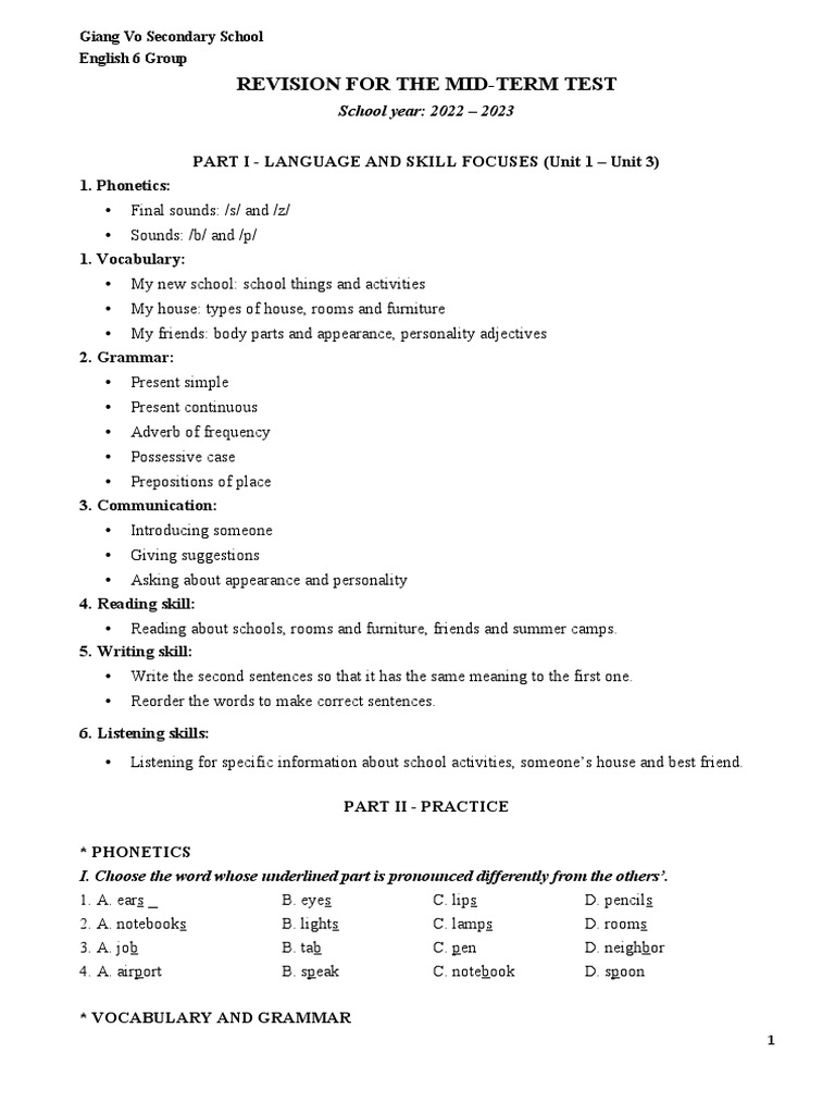 E6 - Đề Cương Giữa Kỳ I (22-23) | PDF | English Language | Human Communication