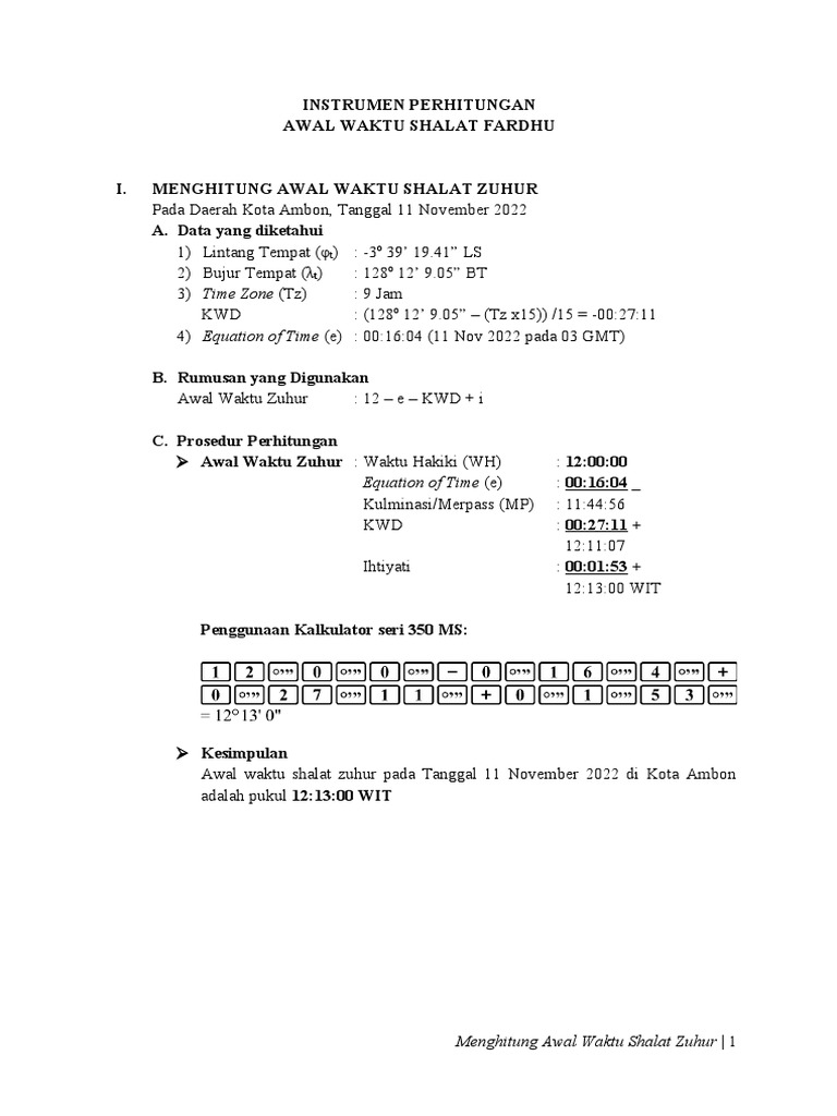 Contoh Instrumen Perhitungan Awal Waktu Shalat | PDF