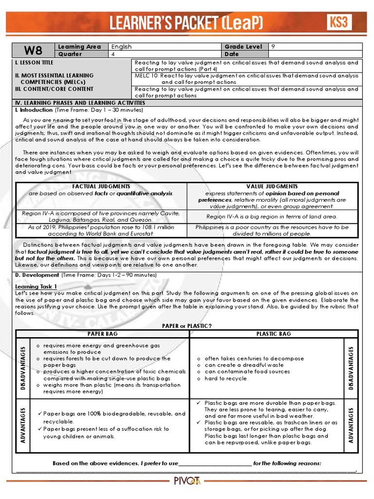 Q4 English 9 Week8 | PDF | Plastic | Truth